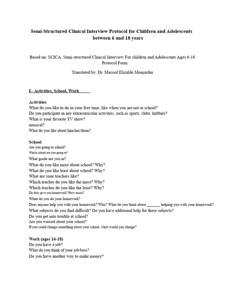 Semi-Structured Clinical Interview Protocol For Children and ...