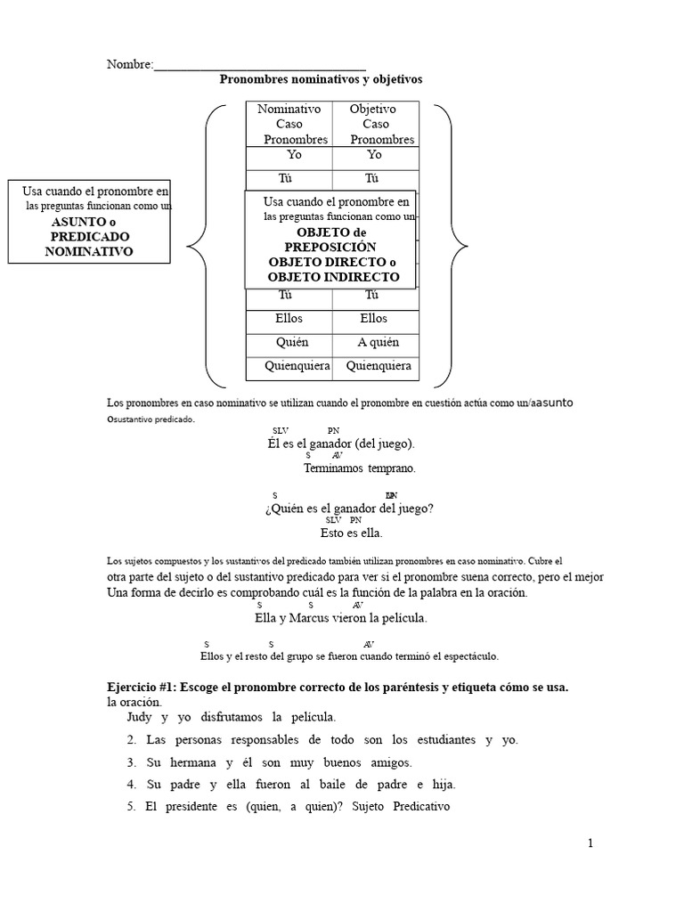 Pronombres: Nominativos y Objetivos | PDF | Pronombre | Objeto (gramática)