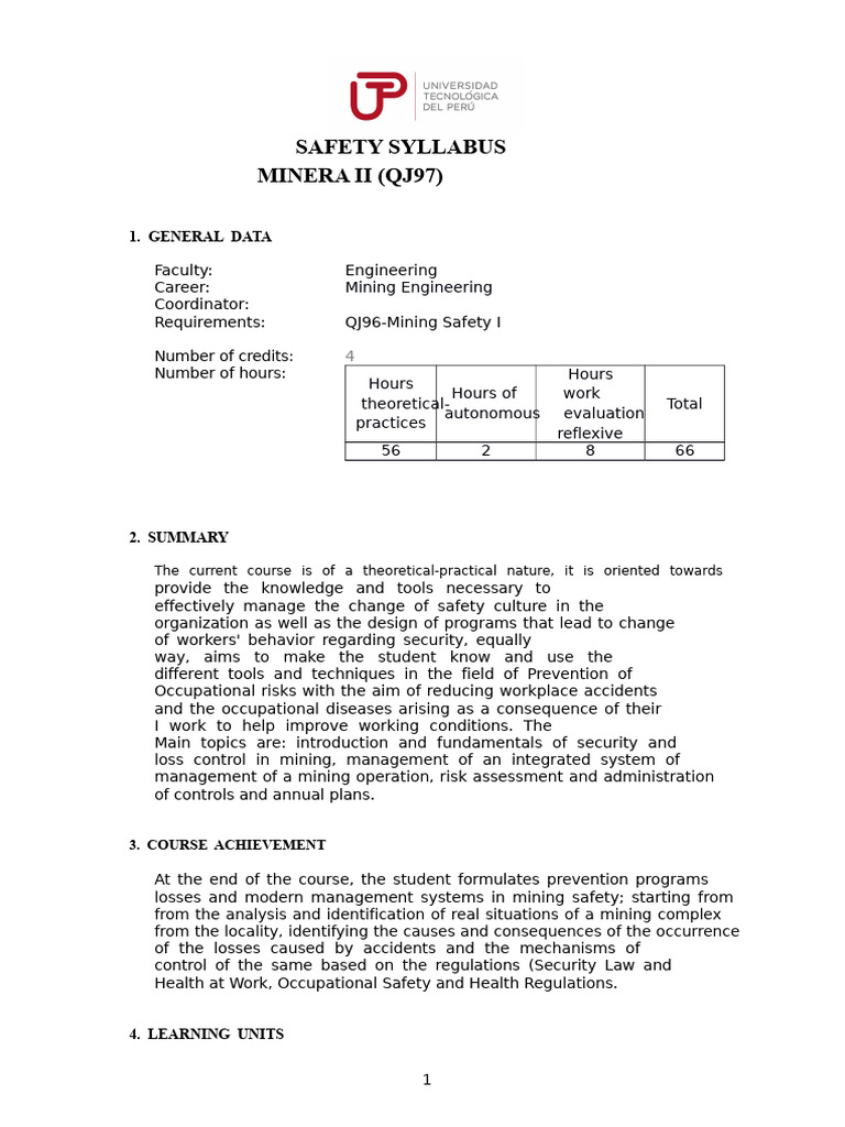1 - 9 Mining Safety Syllabus II (Mining Engineering) | PDF ...