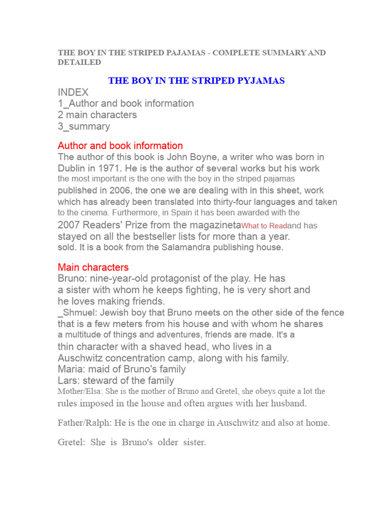 The Boy in the Striped Pajamas - Summary 3 | PDF