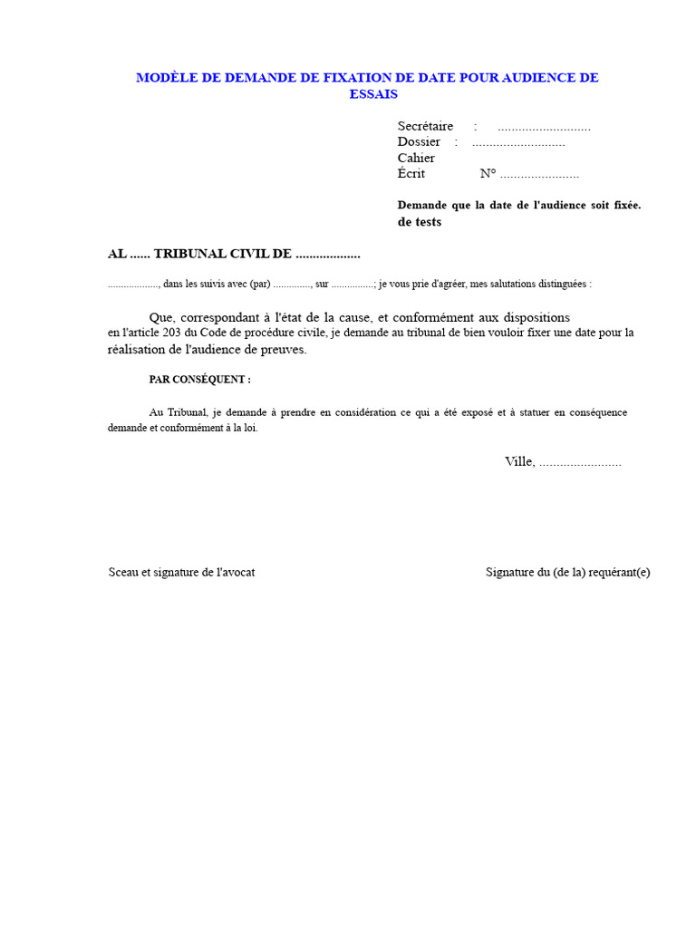 Modèle de Demande de Fixation de Date Pour Audience de Preuves | PDF