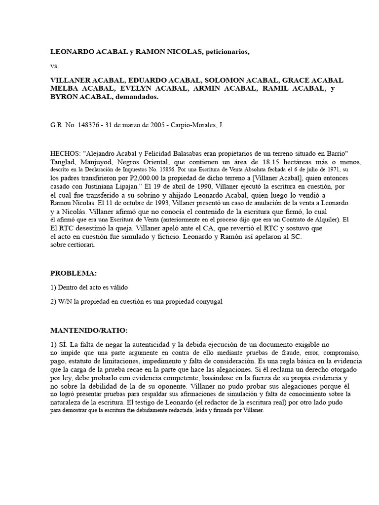 Acabal v. Acabal - Digest de Propiedad | PDF | Propiedad | Propiedad de ...