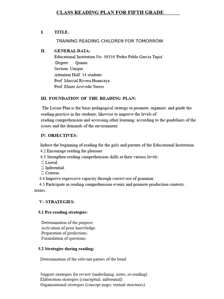 READING PLAN 5TH GRADE | PDF | Reading Comprehension | Writing