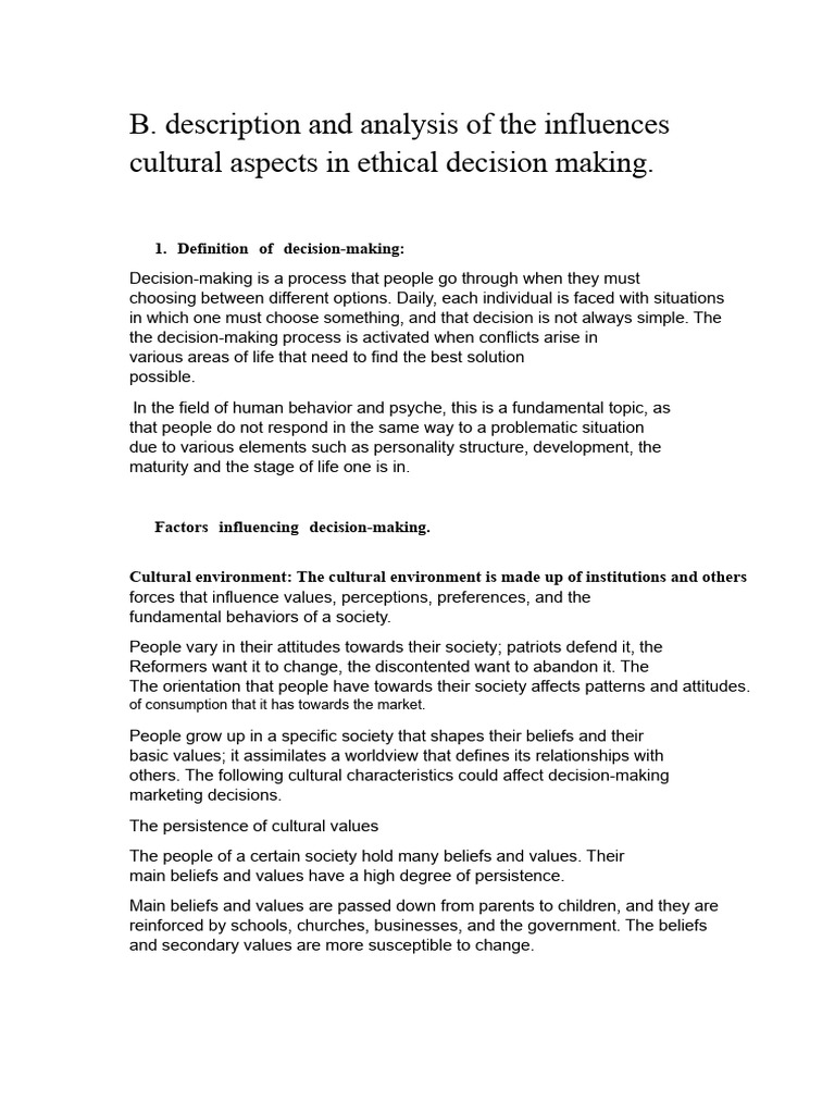 Description and Analysis of Cultural Influences On Ethical Decision ...