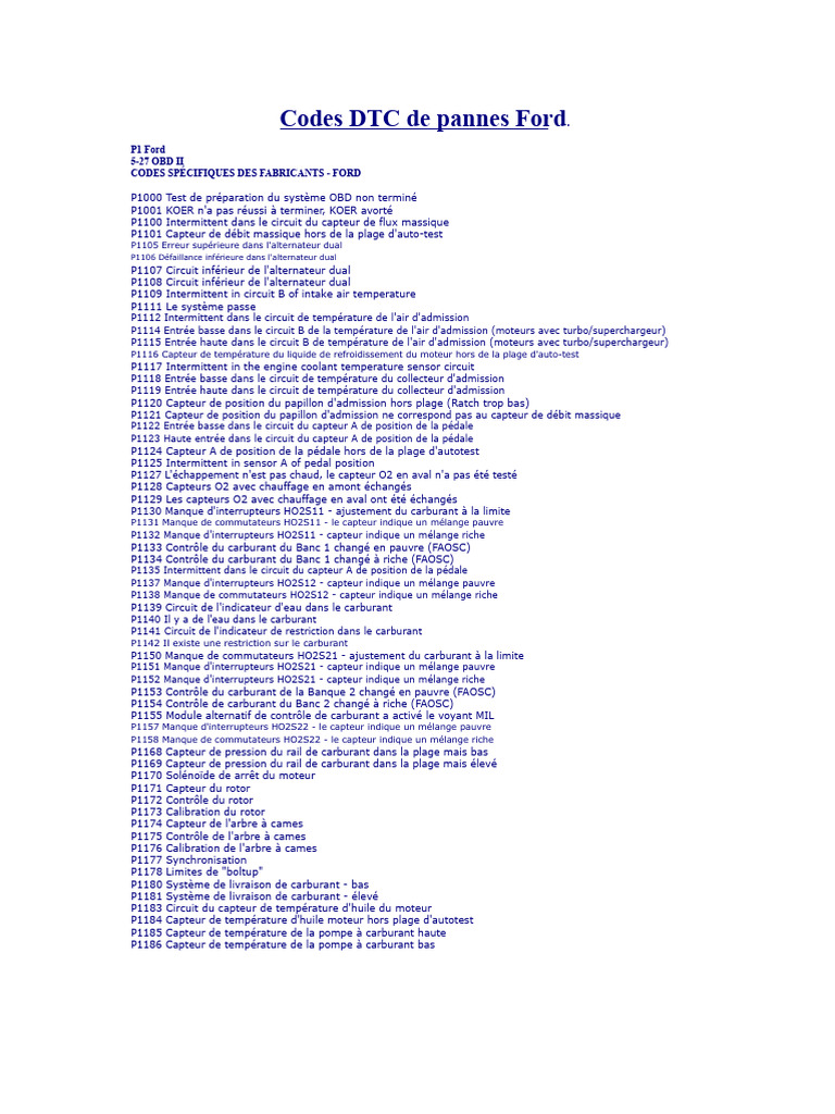 Codes DTC de Pannes Ford OBD II | PDF | Allumage | Injection (moteur)