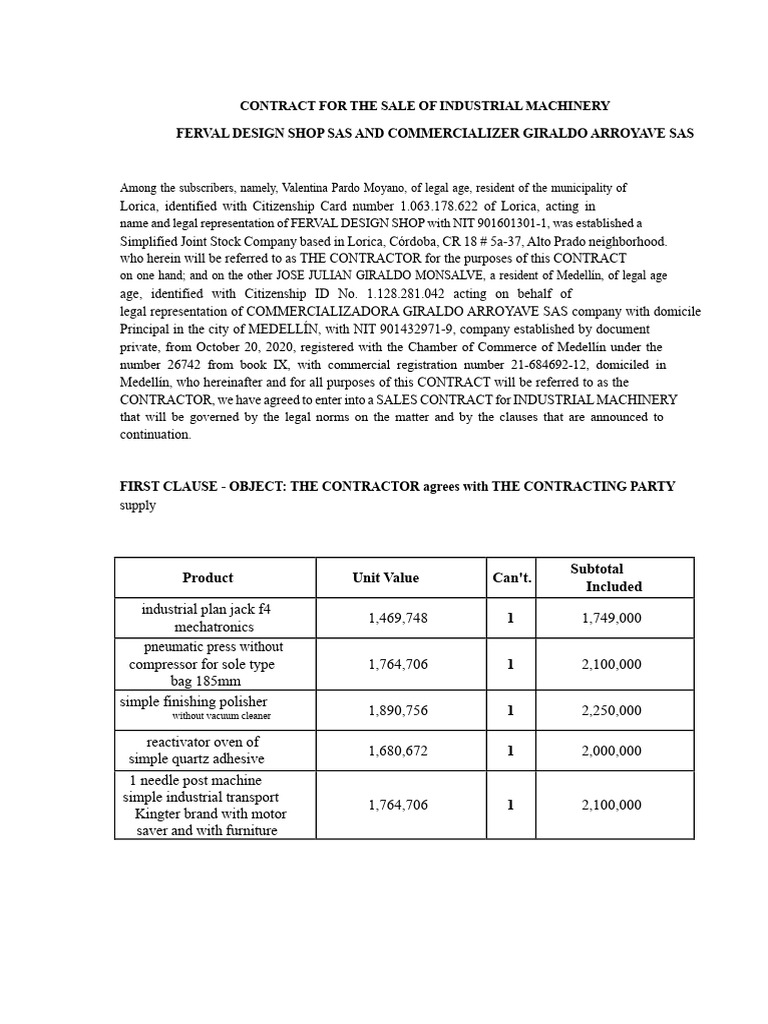 Industrial Machinery Sales Contract | PDF | Employment | Business