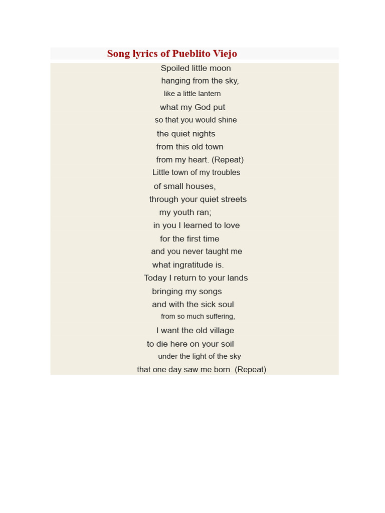 Lyrics of The Song Pueblito Viejo | PDF