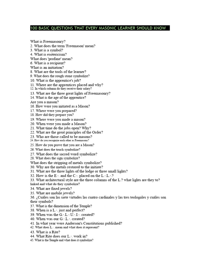100 BASIC QUESTIONS THAT EVERY MASONIC LEARNER SHOULD KNOW | PDF ...