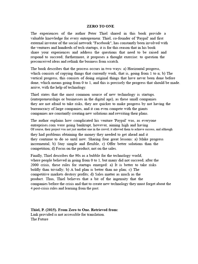 Summary of The Book "Zero To One" | PDF | Startup Company | Small Business & Entrepreneurs