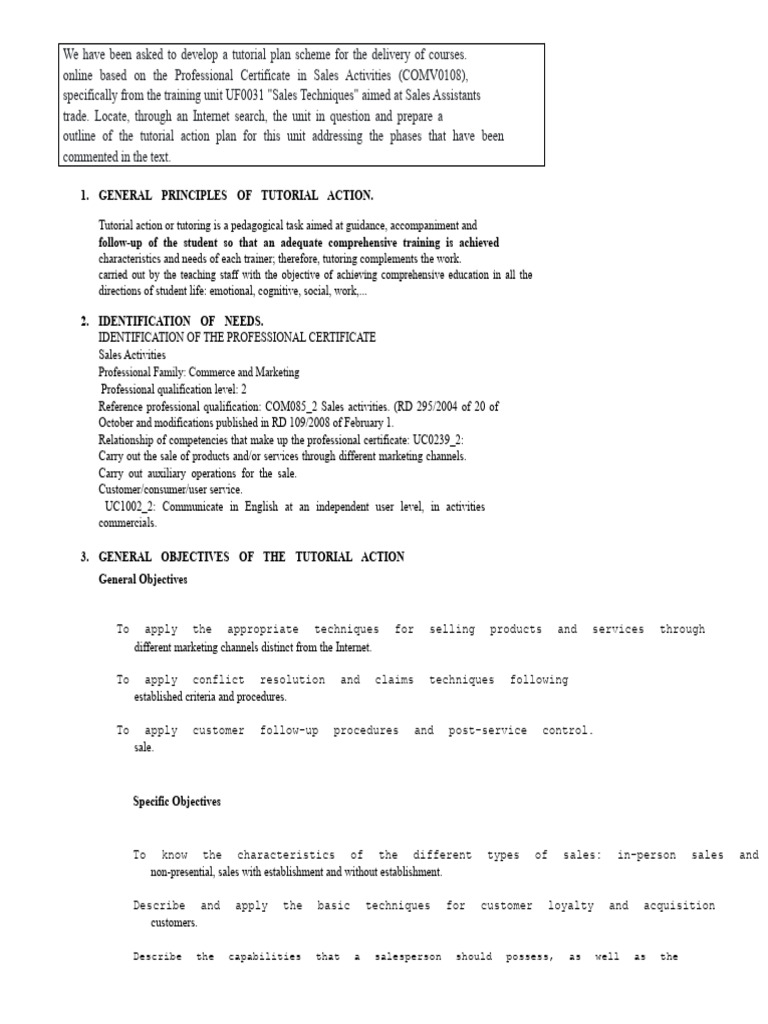 Tutorial Action Plan for Sales Training | PDF | Sales | Curriculum