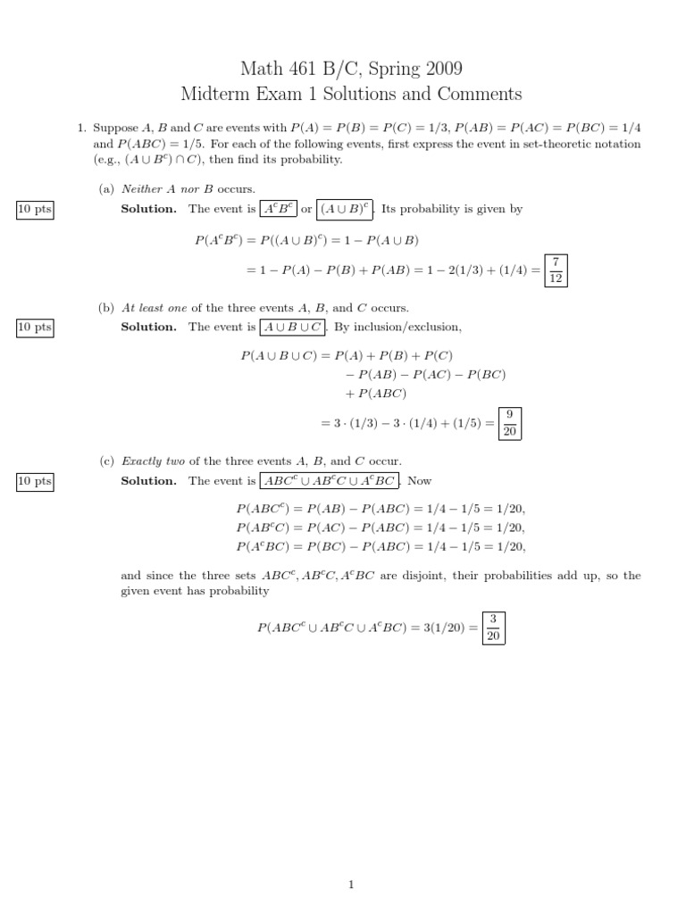 Math 461 Bc Spring 2009 Midterm Exam 1 Solutions And Comments Pdf