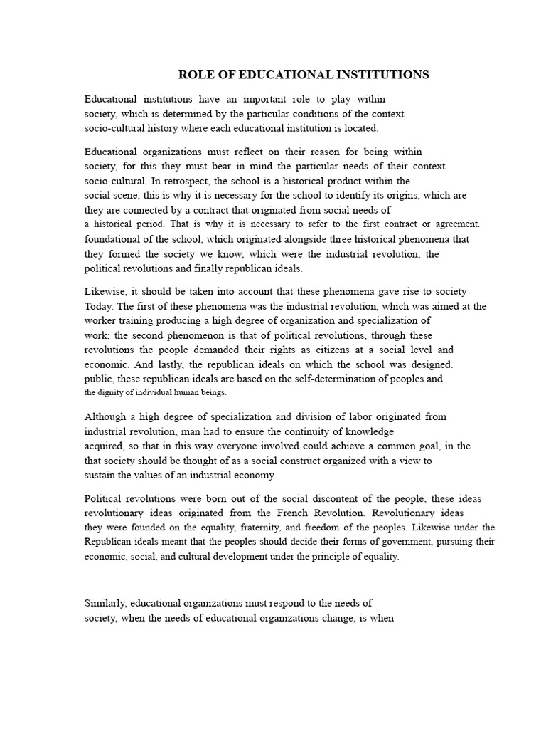 Role of Educational Institutions | PDF | Leadership | Psychology