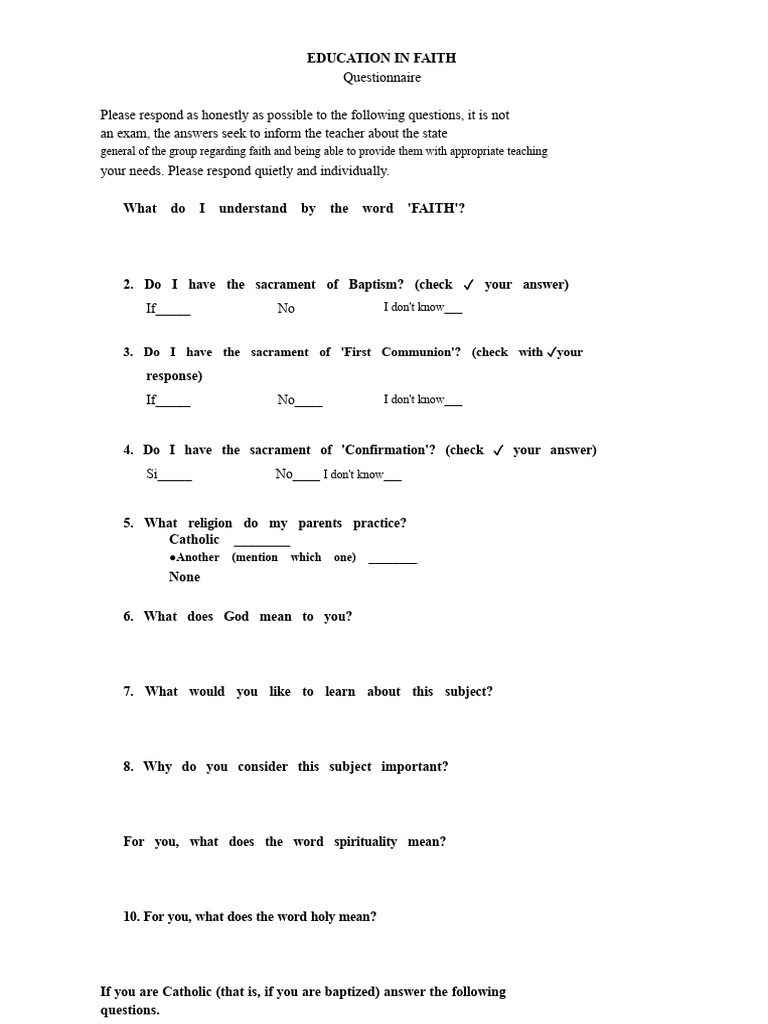 Faith Education questionnaire | PDF | Sacraments | Baptism