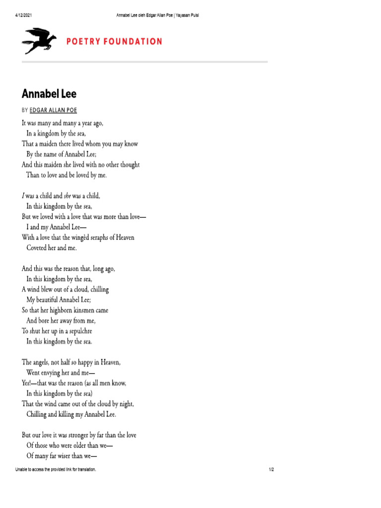Annabel Lee Oleh Edgar Allan Poe - Yayasan Puisi | PDF