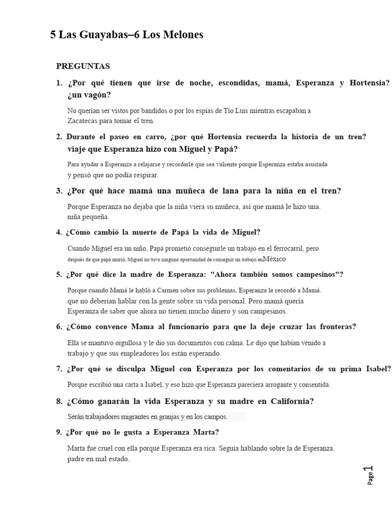 Preguntas sobre "Las Guayabas" y Esperanza | PDF