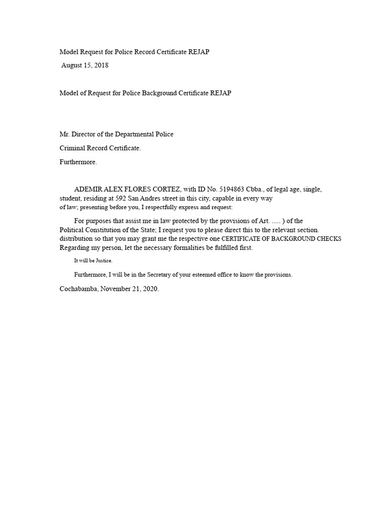 Model Request For Police Background Check Certificate REJAP | PDF