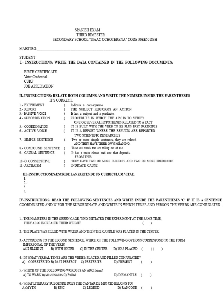 Spanish Exam Instructions for Students | PDF | Verb | Sentence ...