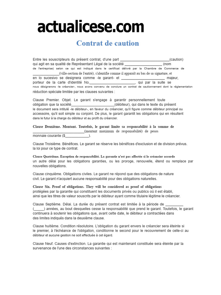 Contrat de cautionnement : modalités et obligations | PDF ...