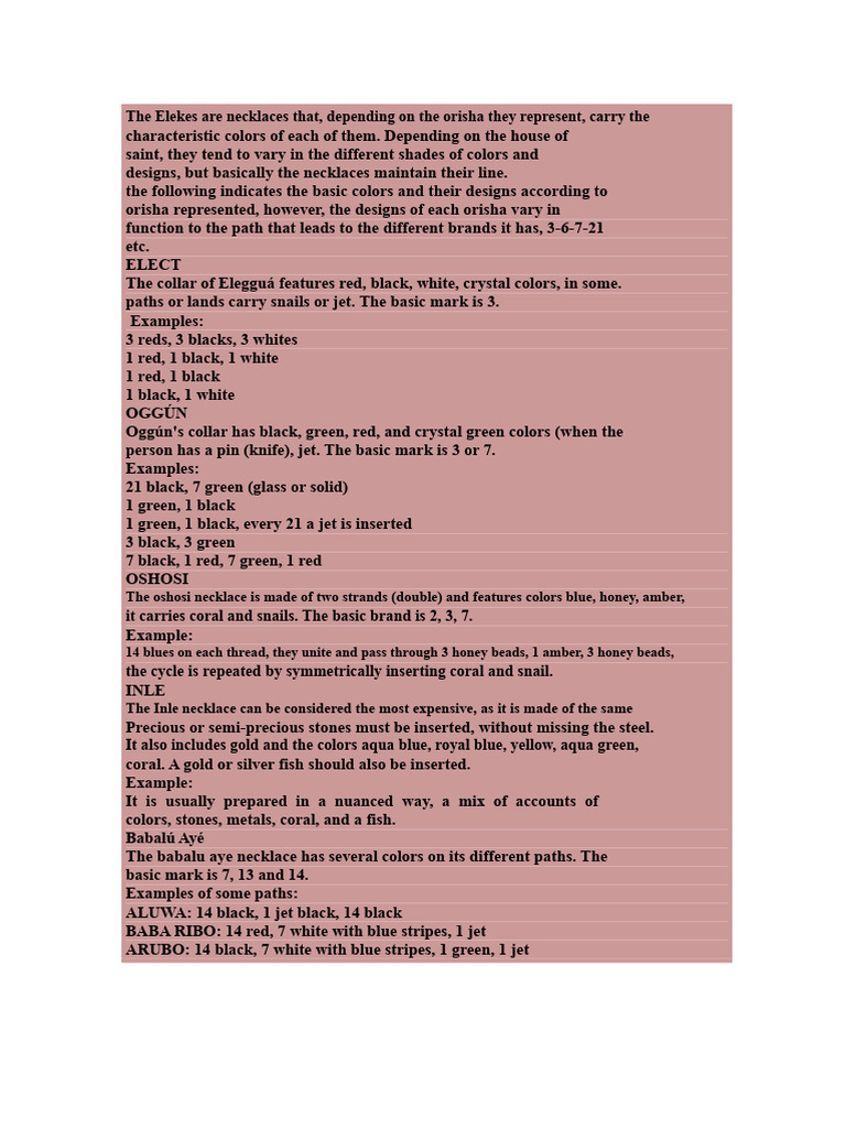 Orisha Elekes Necklace Colors Guide | PDF | Necklace