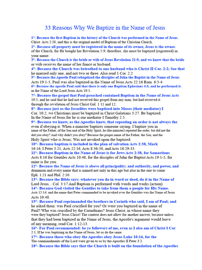 33 Reasons for Jesus Name Baptism | PDF | Acts Of The Apostles | Baptism