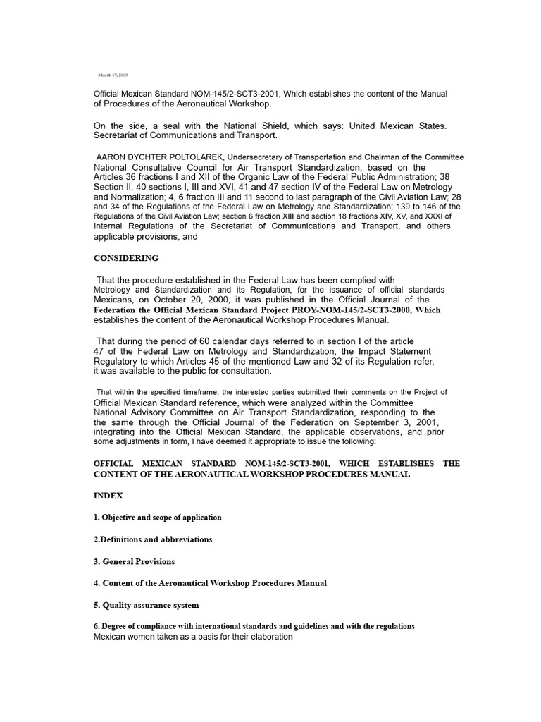 NOM-145-2-SCT3-2001 Workshop Procedures Manual | PDF | Audit | Aviation