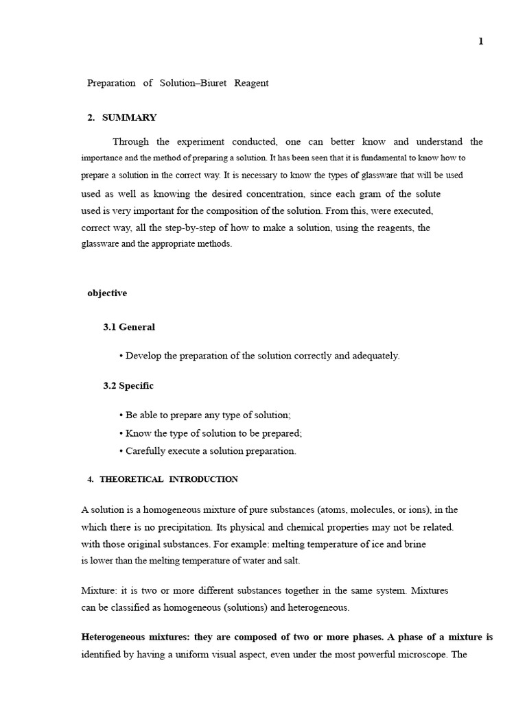 Biuret Reagent Preparation Guide | PDF | Solubility | Mixture
