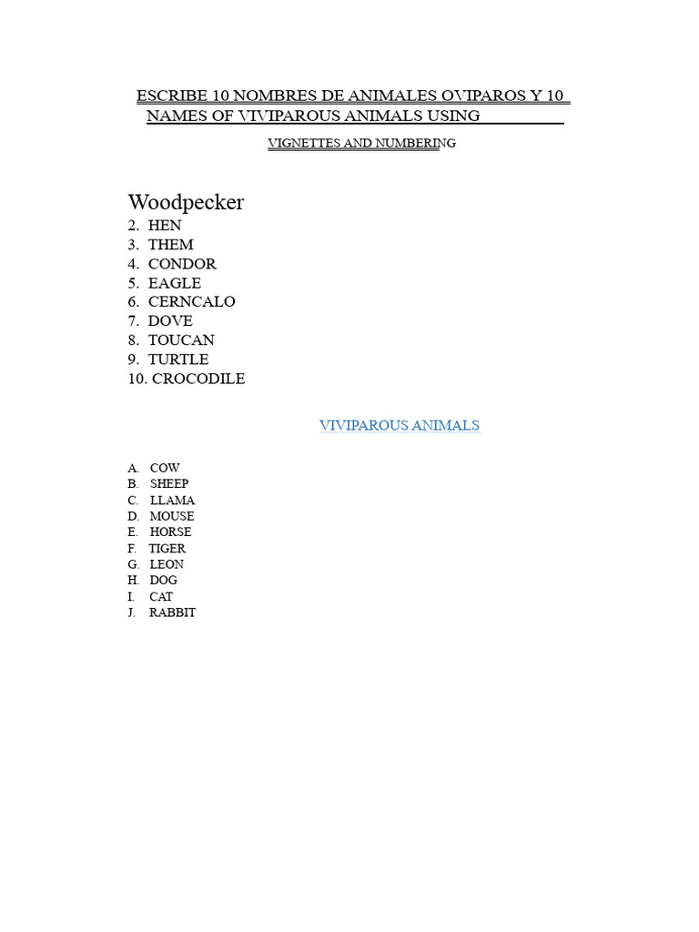 Write 10 Names of Oviparous Animals and 10 Names of Viviparous Animals ...