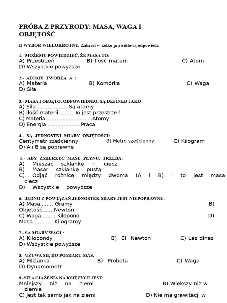 Test MASA-OBJĘTOŚĆ | PDF