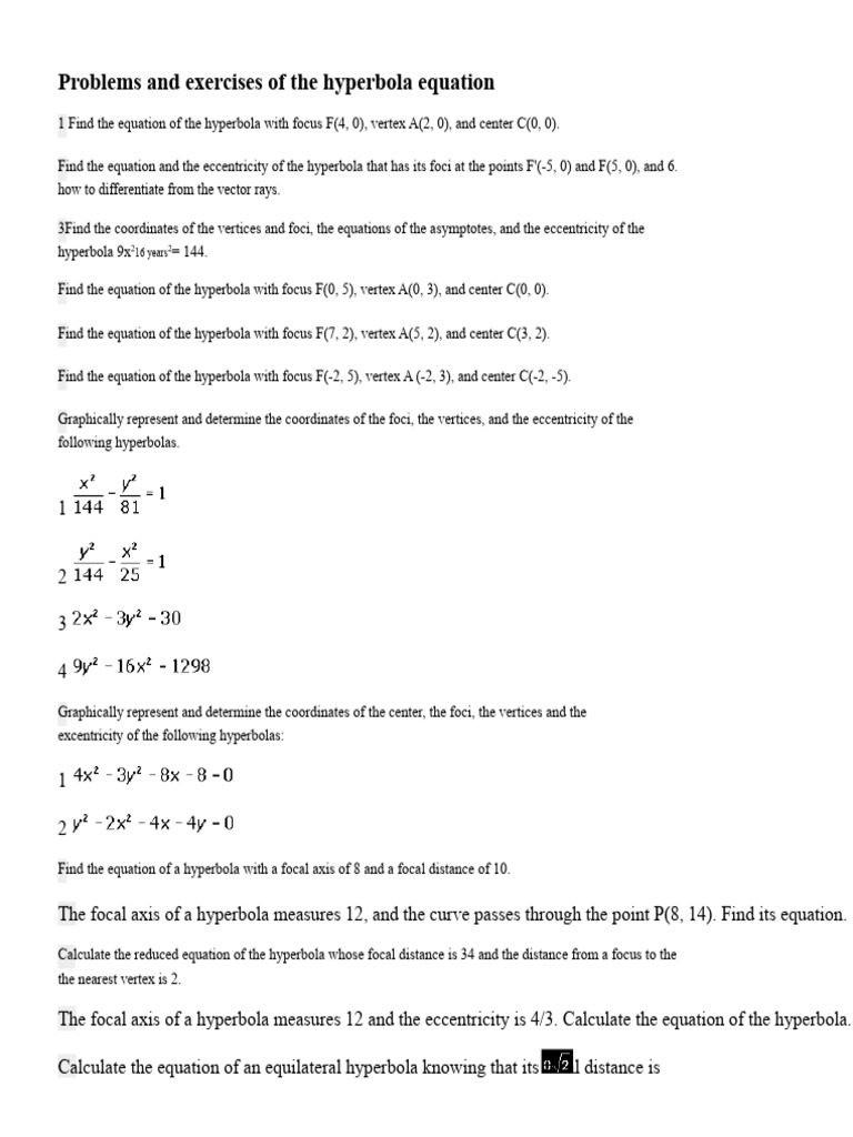 Problems and Exercises of The Hyperbola (With Solutions) | PDF ...