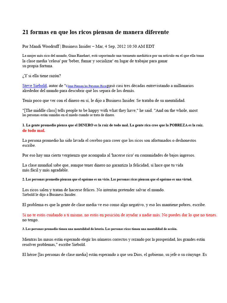 21 Formas en Que Las Personas Ricas Piensan de Manera Diferente | PDF | Pensamiento