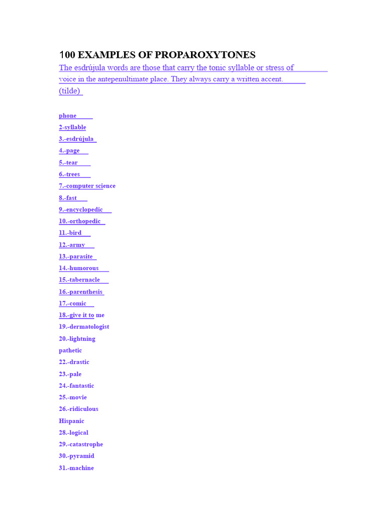 100 Examples of Esdrújula Words | PDF | Stress (Linguistics) | Word