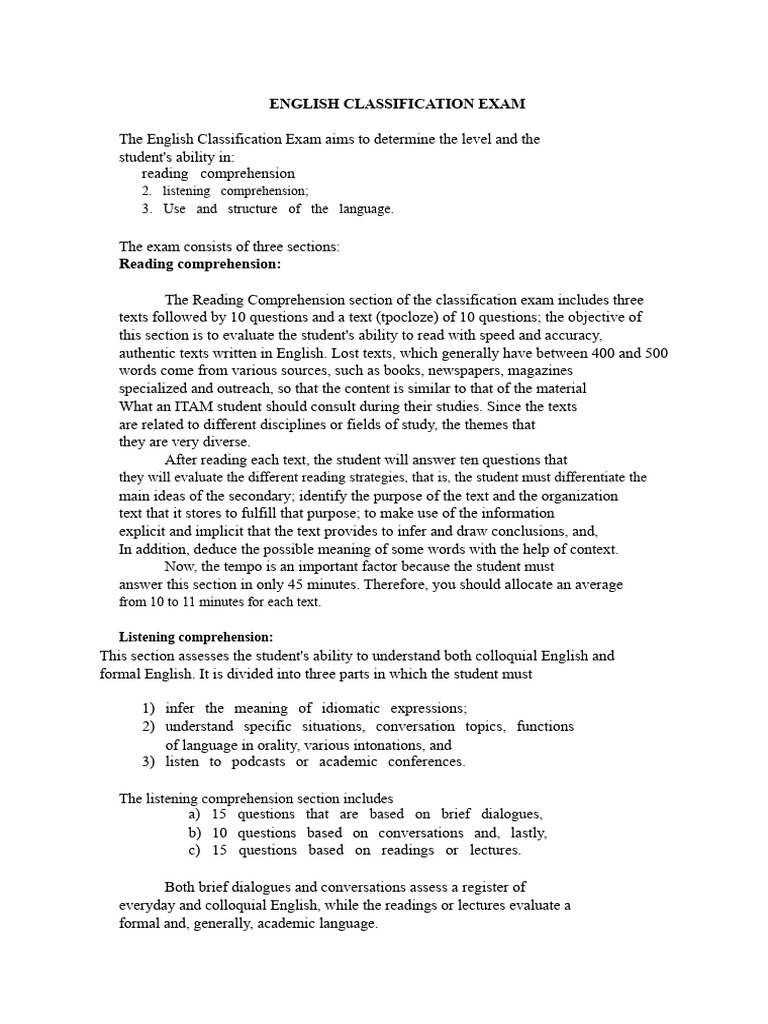 English Classification Exam Overview | PDF | Reading Comprehension | Syntax