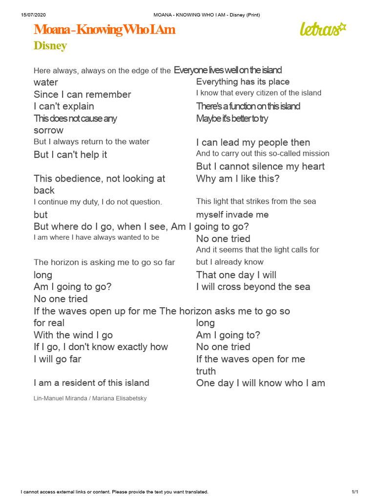 MOANA - KNOWING WHO I AM | PDF