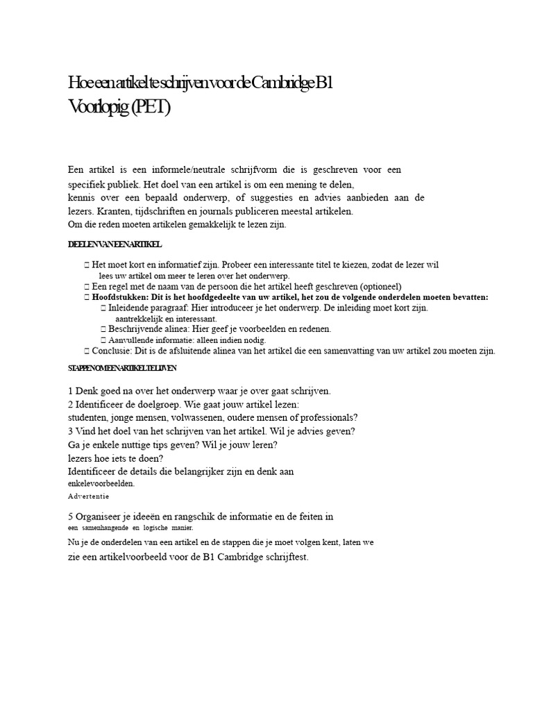 Hoe Een Artikel Te Schrijven Voor de Cambridge B1 Preliminary | PDF