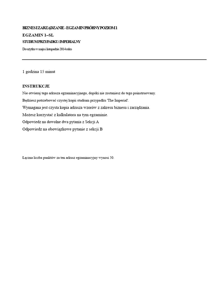 Ib Biznes I Zarządzanie - Egzamin Praktyczny Paper 1 SL | PDF