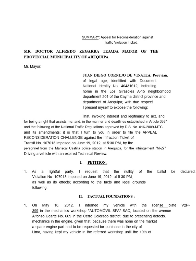 Appeal for Traffic Ticket Reconsideration | PDF | Driver's License ...