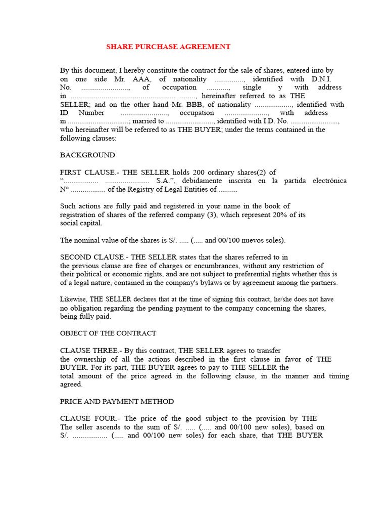 Share Purchase Agreement Template | PDF | Arbitration | Prices