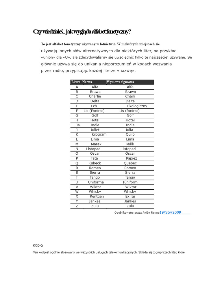 Alfabet Fonetyczny I Kod Q | PDF