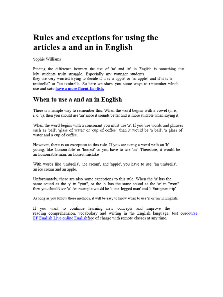 A and An Usage Rules and Exceptions | PDF