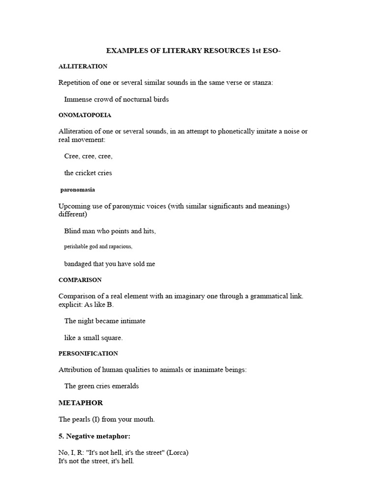 Examples of Literary Resources 1st Year of Secondary Education | PDF