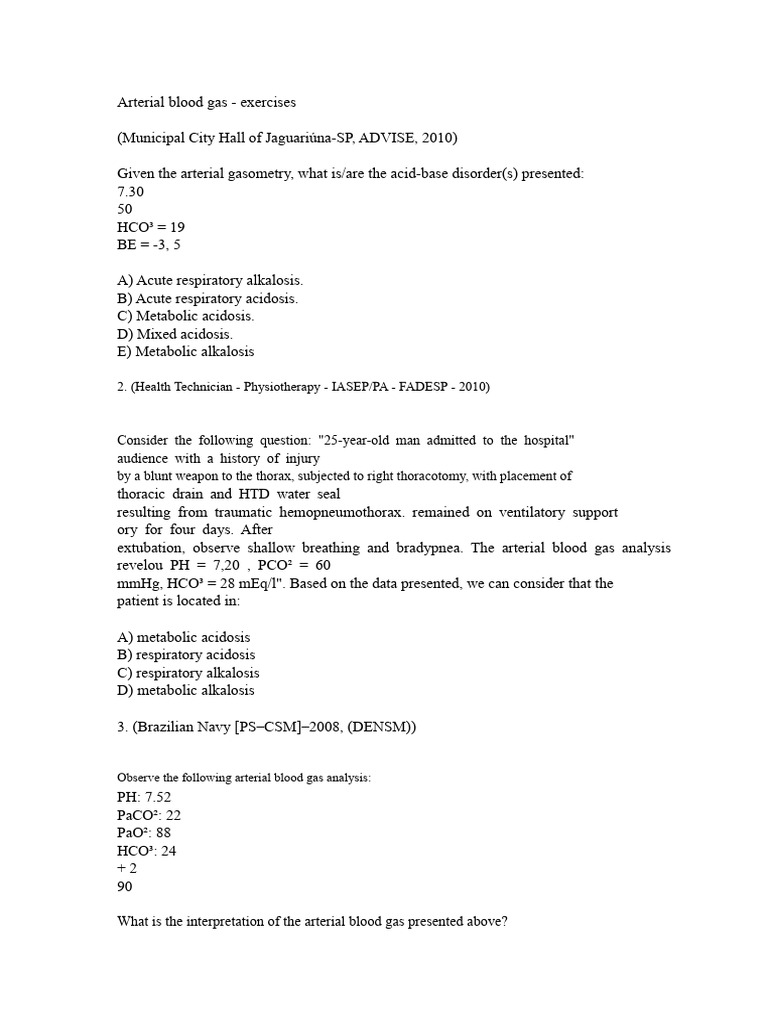 Arterial Blood Gas - Exercises | PDF | Medical Specialties | Physiology