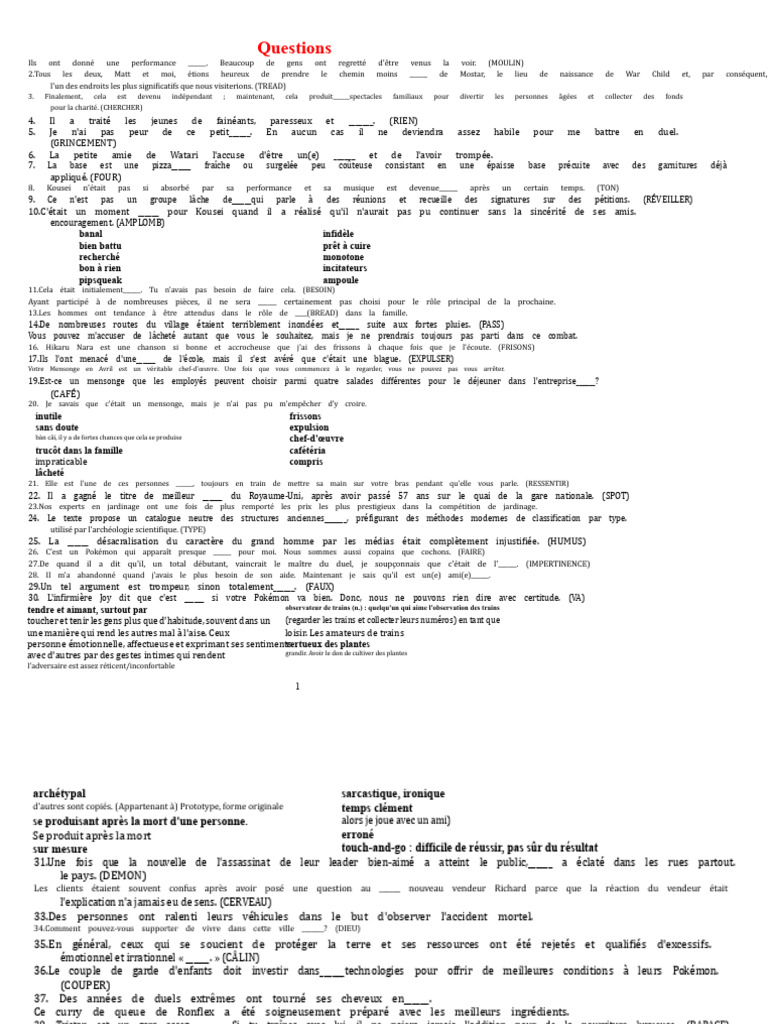 Questions de vocabulaire et de grammaire | PDF