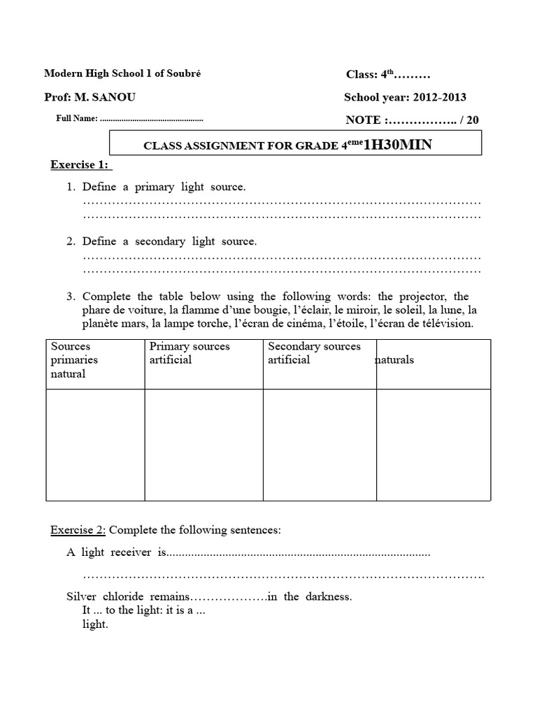 ASSIGNMENT 8th Grade and Correction (Source and Receiver of Light) | PDF | Light