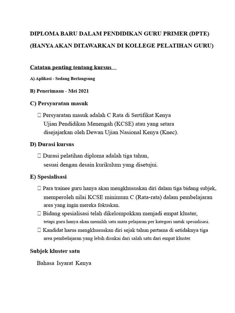 Diploma Pendidikan Guru Primer Kenya | PDF