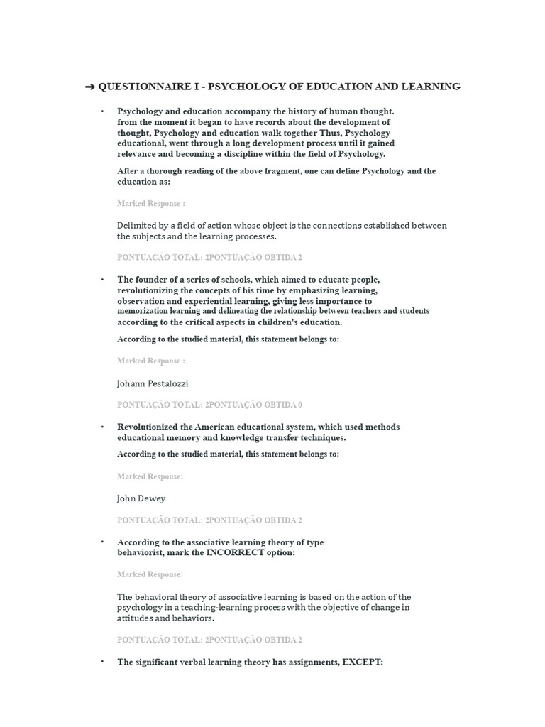 Questionnaire i | PDF | Psychology | Learning