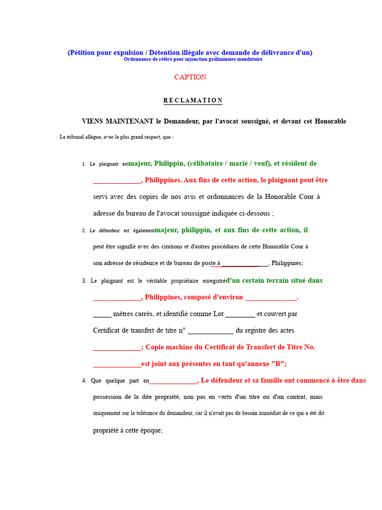 Plainte Pour Expulsion, Détention Illégale Avec Demande de | PDF
