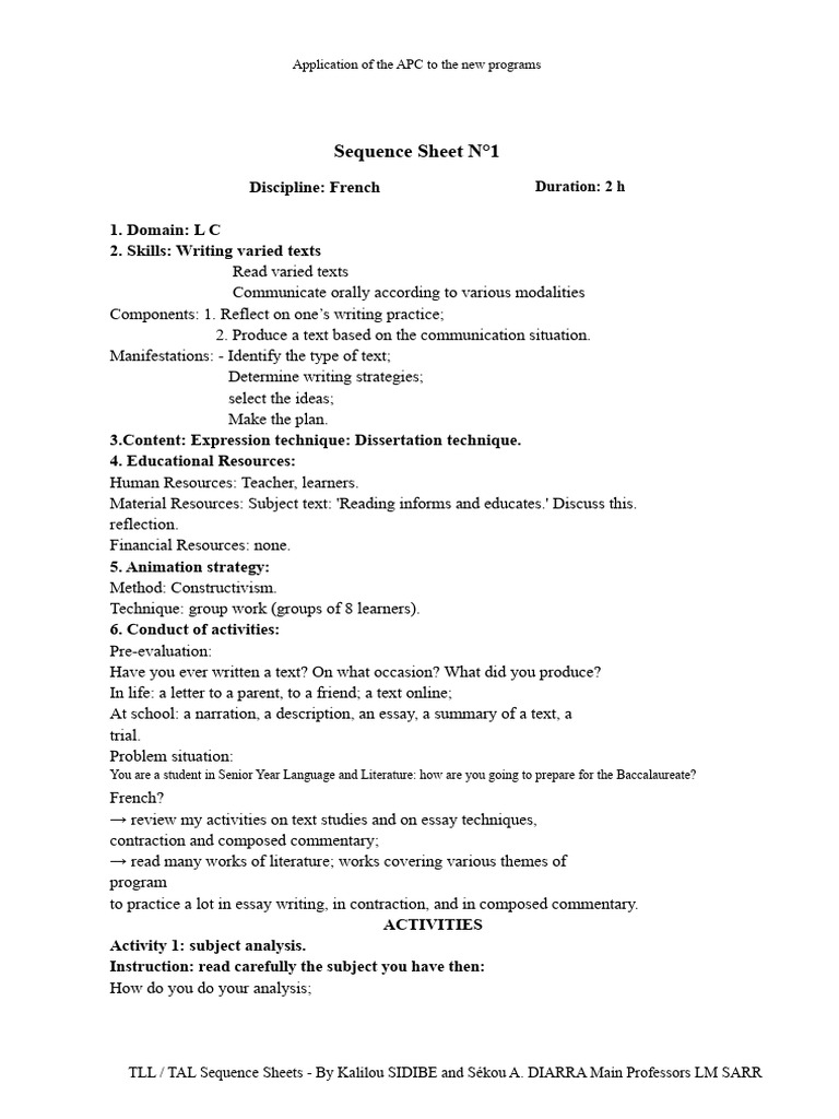 SEQUENCE SHEETS 12th TLL TAL | PDF | Essays | Thesis