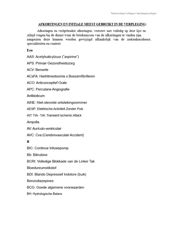 Afkortingen en Initialen in Verpleegkunde | PDF