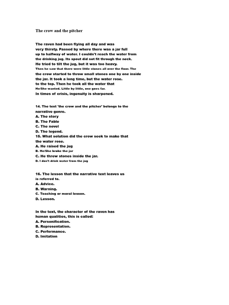 The Crow and the Pitcher Fable Summary | PDF