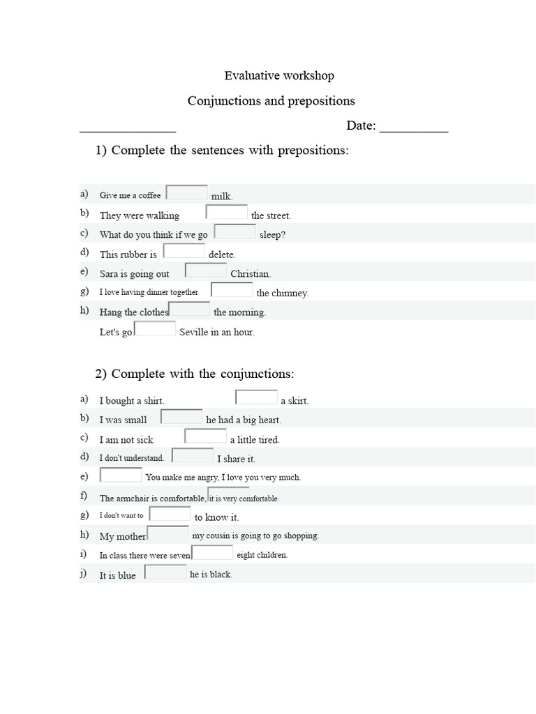 WORKSHOP+CONJUNCTIONS+AND+PREPOSITIONS | PDF | Linguistic Morphology | Linguistic Typology